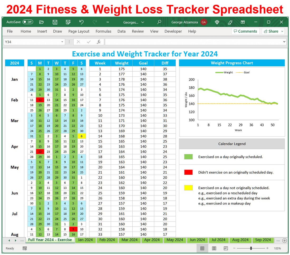 2024 Workout Planner Weight Loss Tracker Excel Spreadsheet | Printable ...