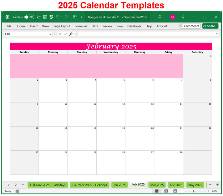 2025 Calendar Spreadsheet: Printable and Editable – BuyExcelTemplates.com