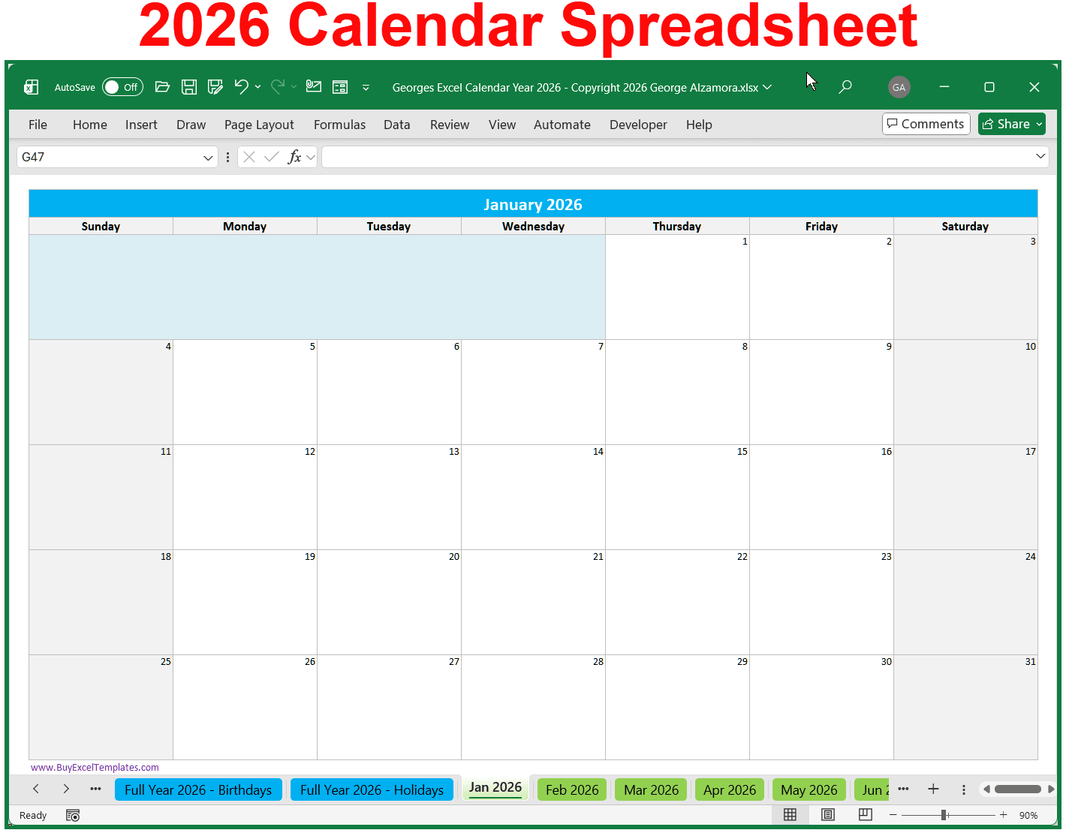 Year 2026 Calendar Excel Templates – BuyExcelTemplates.com