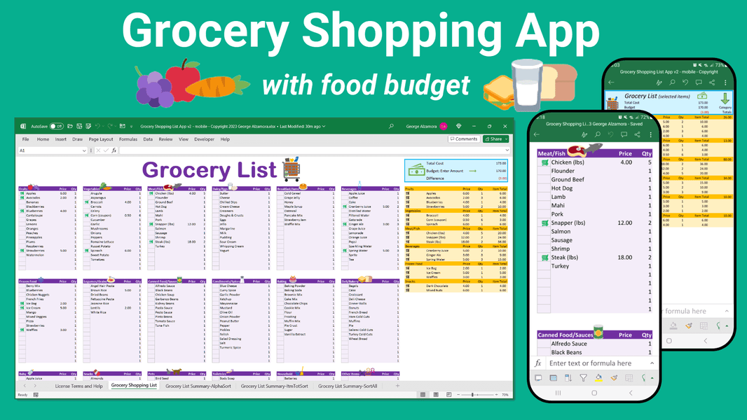 Grocery List Spreadsheet | Printable & Editable Food Shopping Planner ...