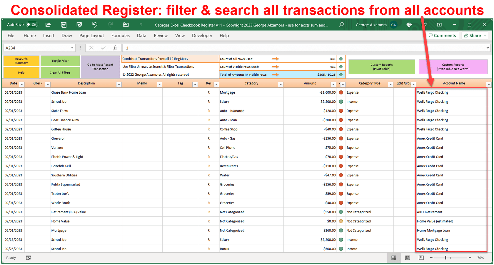 Checkbook Spreadsheet Split Transactions | Visualize Income & Expenses ...