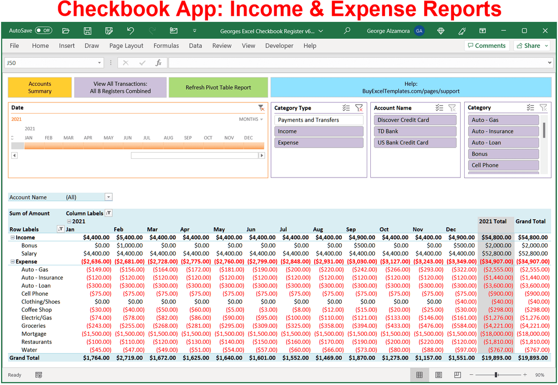 Checkbook App with Income and Expense Category Reports: Spreadsheet ...