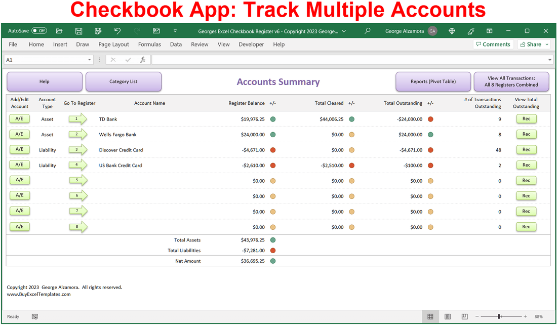 Checkbook App with Income and Expense Category Reports: Spreadsheet ...