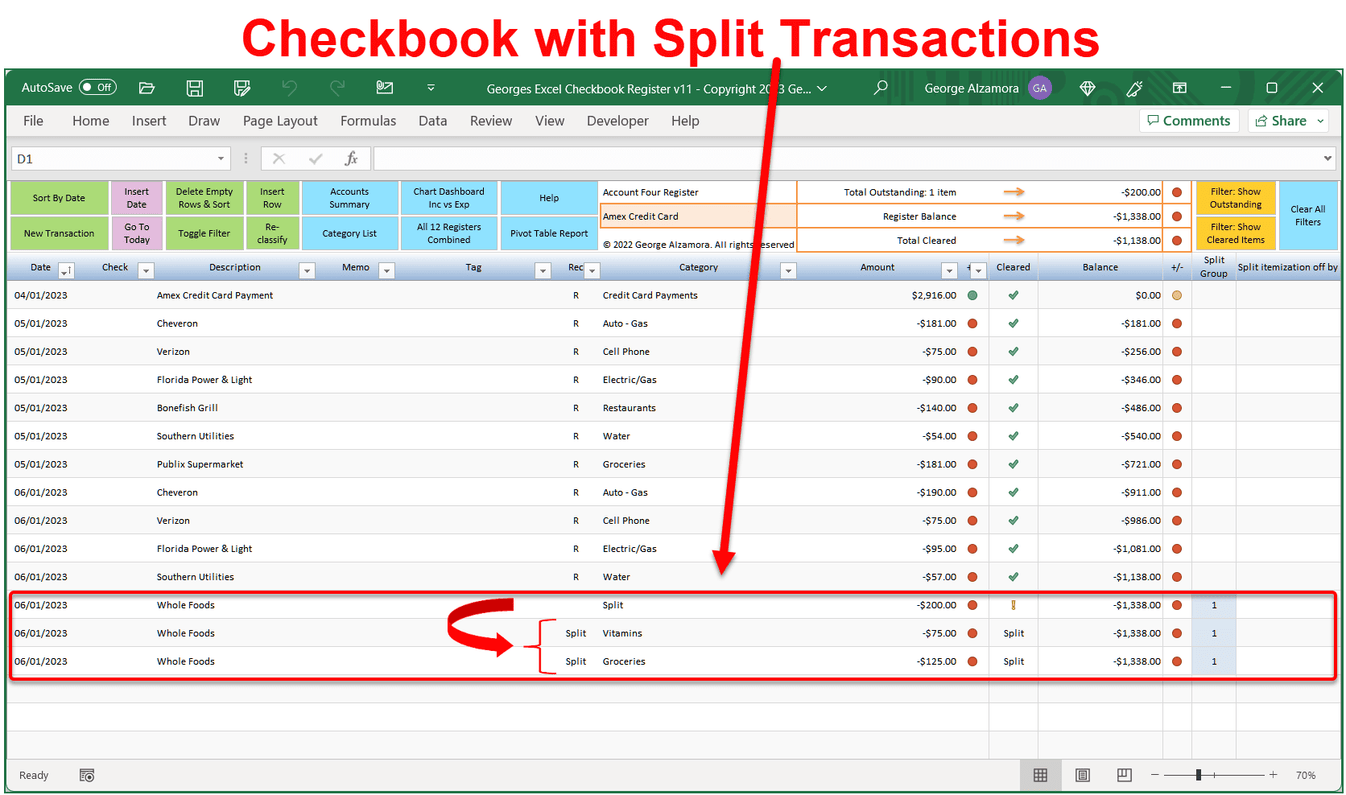 Checkbook Spreadsheet Split Transactions | Visualize Income & Expenses ...