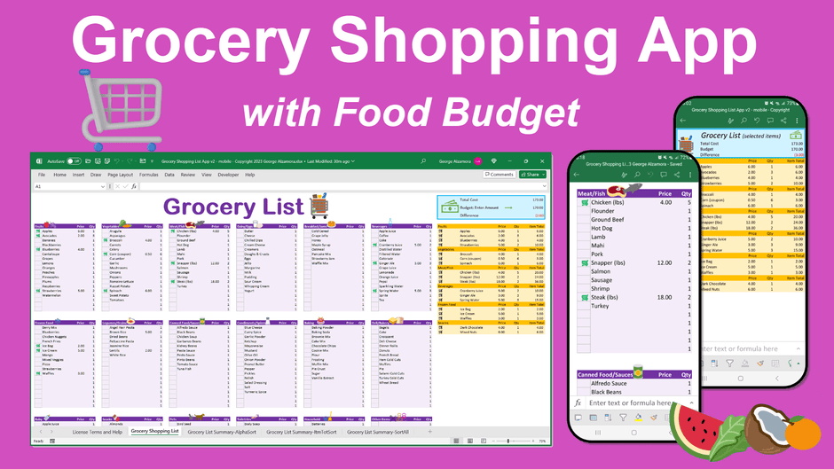 Grocery List Spreadsheet | Printable & Editable Food Shopping Planner ...