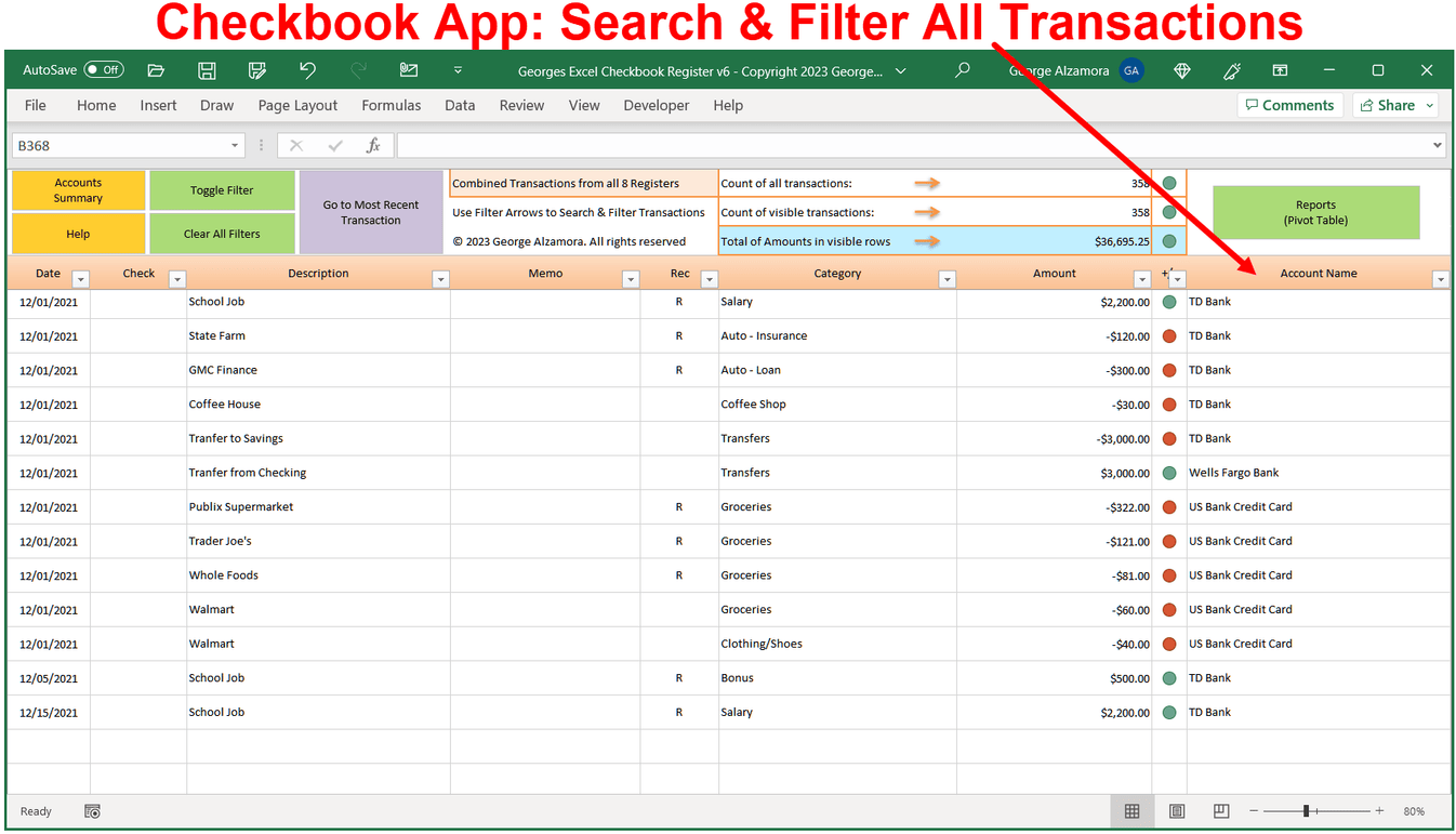 Checkbook App with Income and Expense Category Reports: Spreadsheet ...