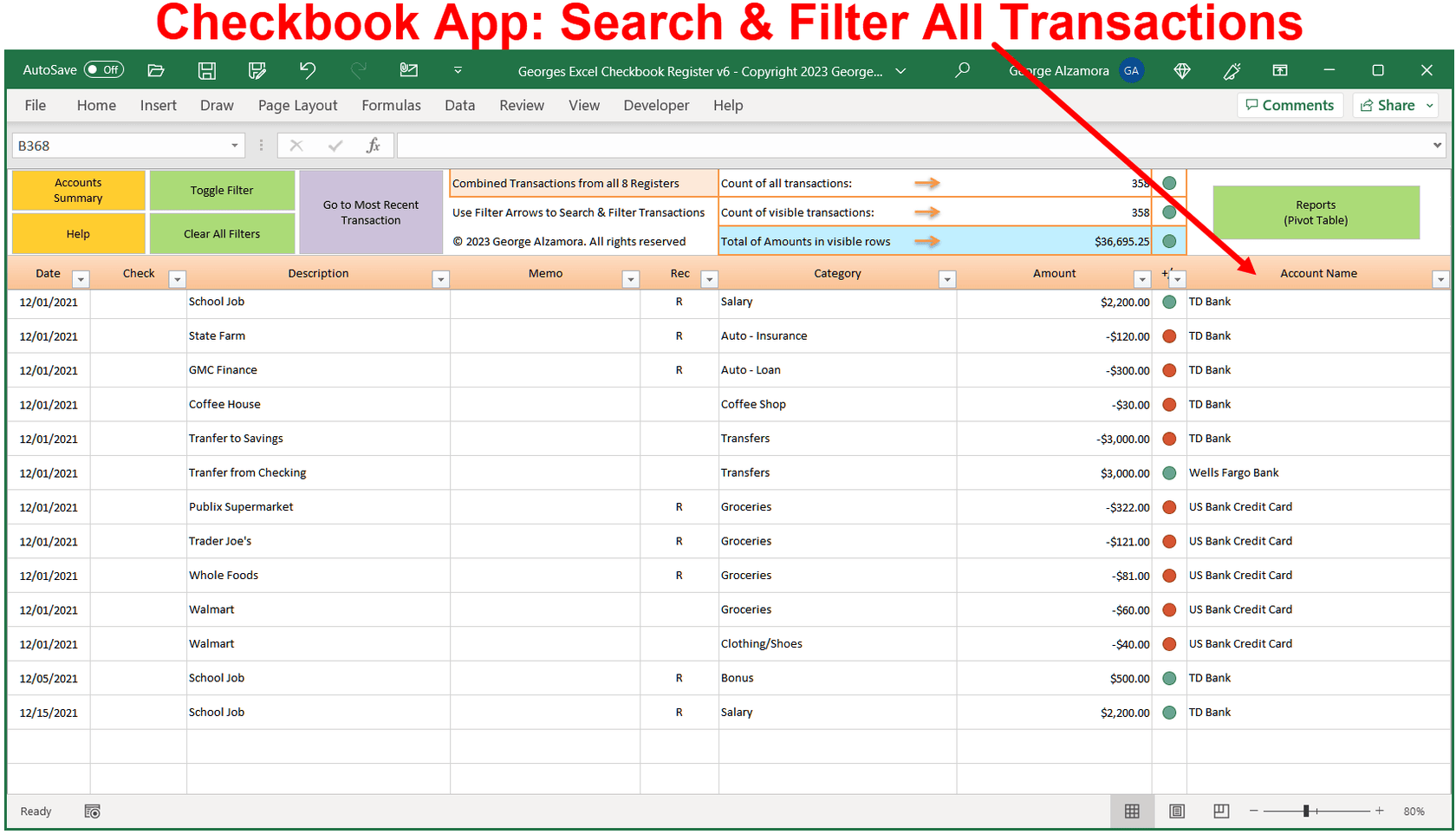 Checkbook App with Income and Expense Category Reports: Spreadsheet ...
