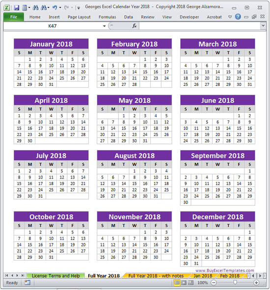2018 Calendar Year in Excel Spreadsheet - Printable - Digital Download ...