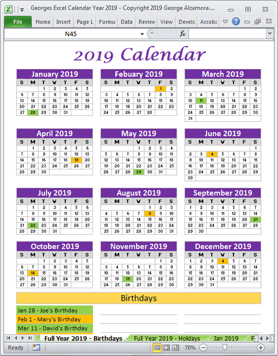 2019 Calendar Printable Yearly Monthly Editable Excel Digital Download ...