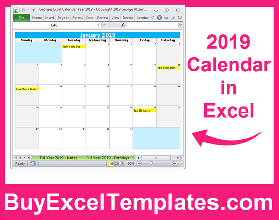 2019 Calendar Printable Yearly Monthly Editable Excel Digital Download ...