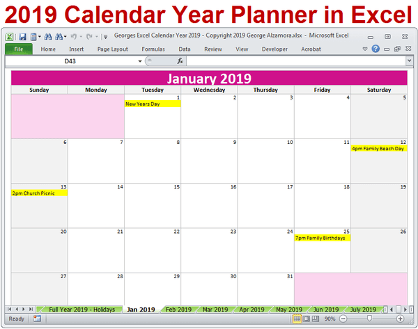 2019 Calendar Printable Yearly Monthly Editable Excel Digital Download ...