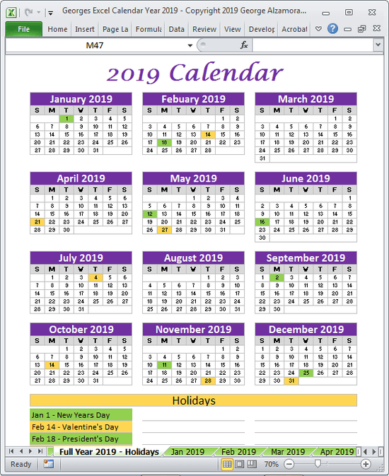 2019 Calendar Printable Yearly Monthly Editable Excel Digital Download ...