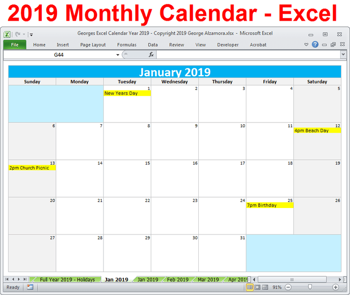 2019 Calendar Printable Yearly Monthly Editable Excel Digital Download ...