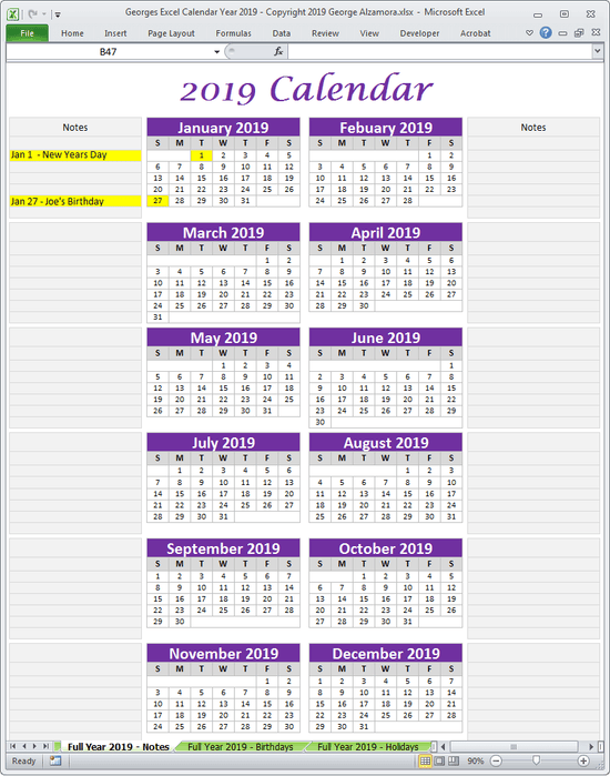 2019 Calendar Printable Yearly Monthly Editable Excel Digital Download ...