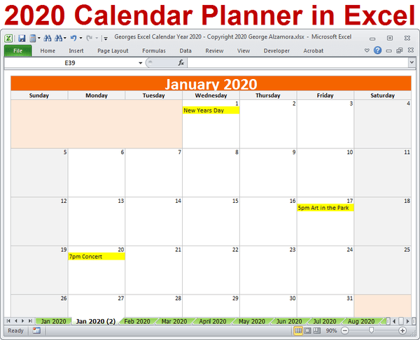 2020 Calendar Year in Excel Spreadsheet - Printable - Digital Download ...