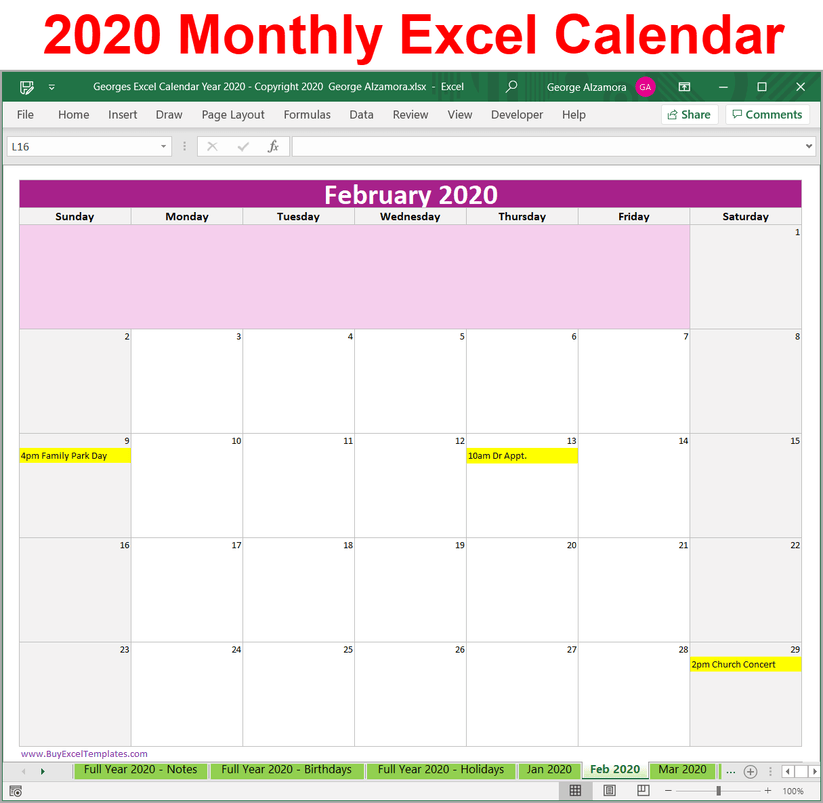 2020 Calendar Year in Excel Spreadsheet - Printable - Digital Download ...
