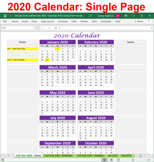 2020 Calendar Year in Excel Spreadsheet - Printable - Digital Download ...