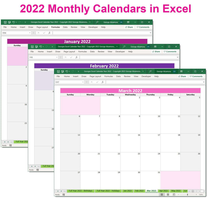 2022 Excel Calendar Planner Template Monthly Yearly Printable Download ...
