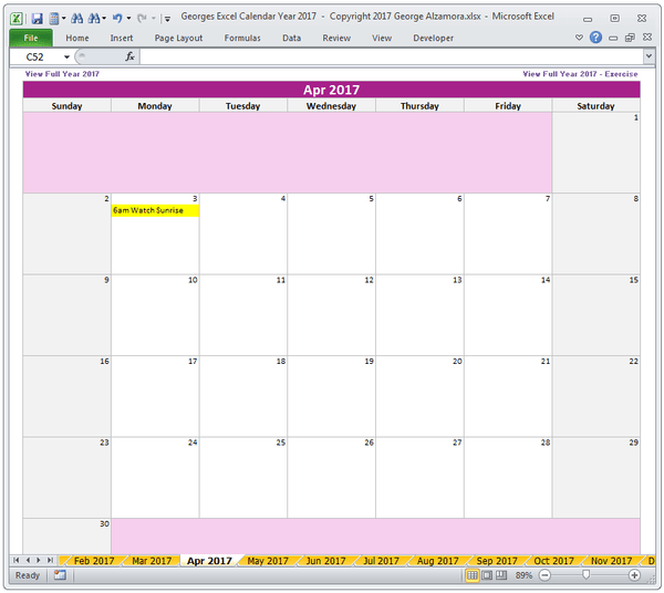 Excel Calendar Year 2017 Spreadsheet – BuyExcelTemplates.com