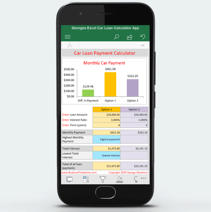Excel Car Loan Calculator Android App – BuyExcelTemplates.com