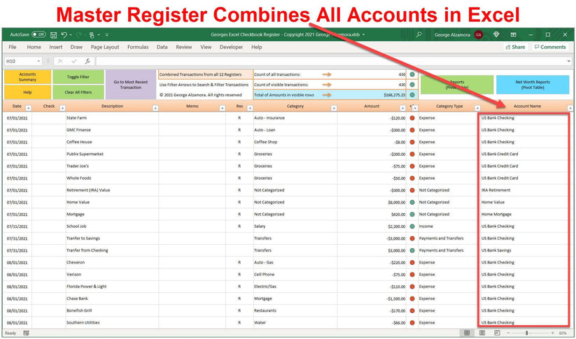 Excel Checkbook Spreadsheet with Spending Tracker for Windows PC / Mac ...