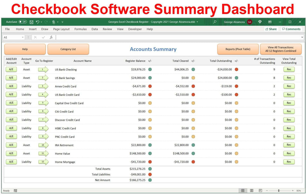 Excel Checkbook Spreadsheet with Spending Tracker for Windows PC / Mac ...