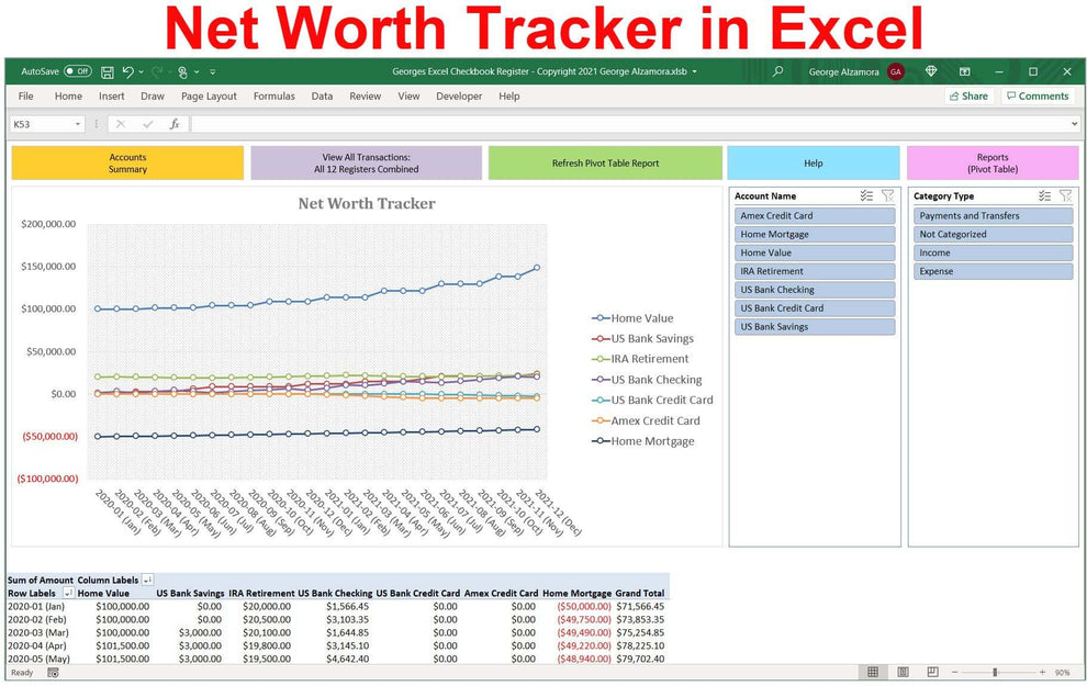 Excel Checkbook Spreadsheet with Spending Tracker for Windows PC / Mac ...