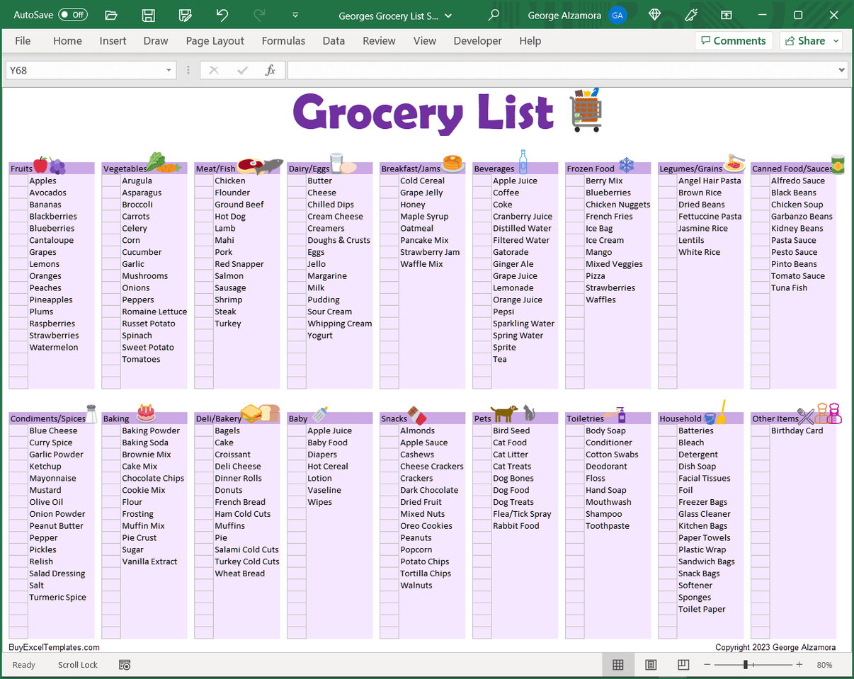 Grocery List Spreadsheet | Printable & Editable Food Shopping Planner ...