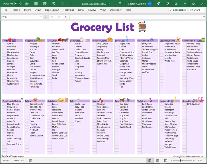 Grocery List Spreadsheet | Printable & Editable Food Shopping Planner ...
