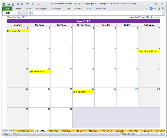 Excel Calendar Year 2017 Spreadsheet – BuyExcelTemplates.com