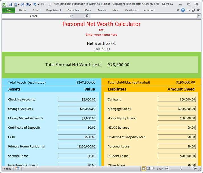 Personal Net Worth Calculator: Excel Spreadsheet Asset & Debt Tracker ...