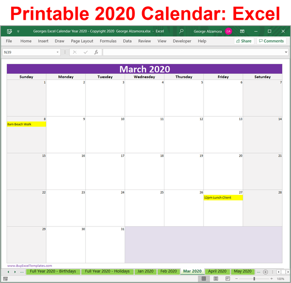 2020 Calendar Year in Excel Spreadsheet - Printable - Digital Download ...