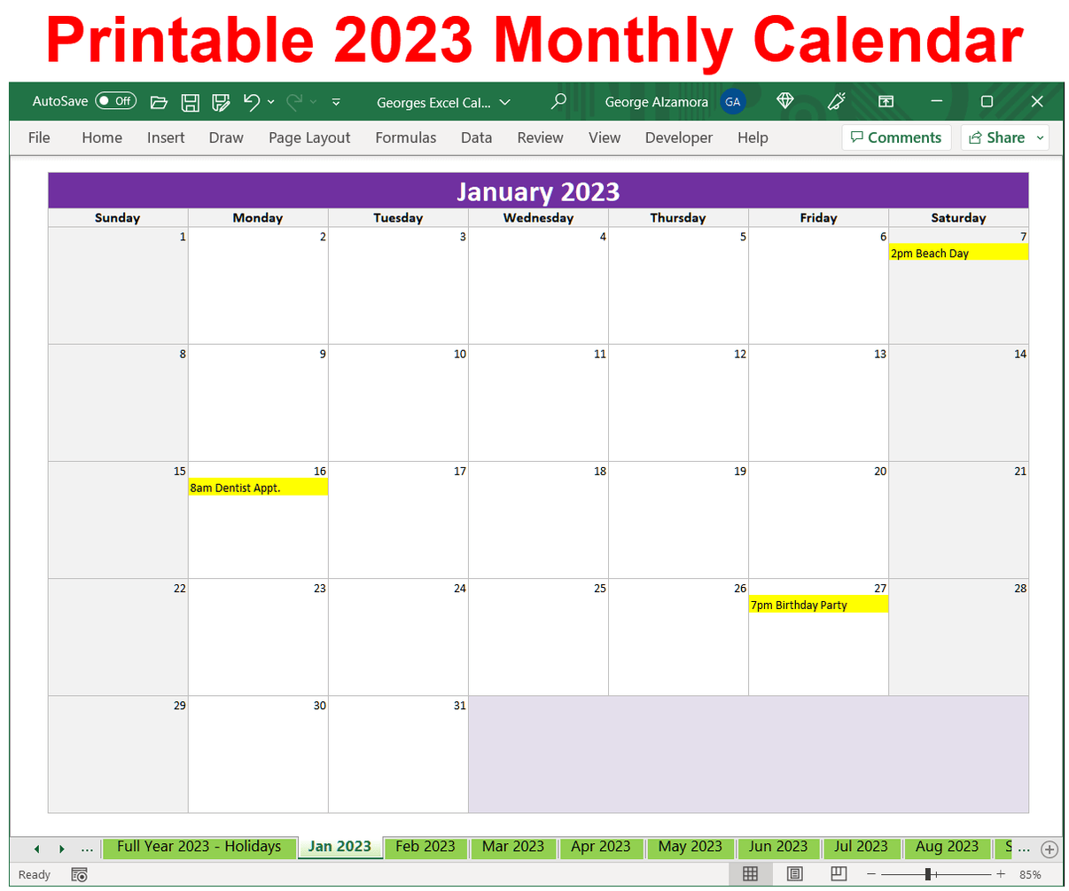 Printable 2023 Calendar Spreadsheet: Downloadable Excel Templates ...